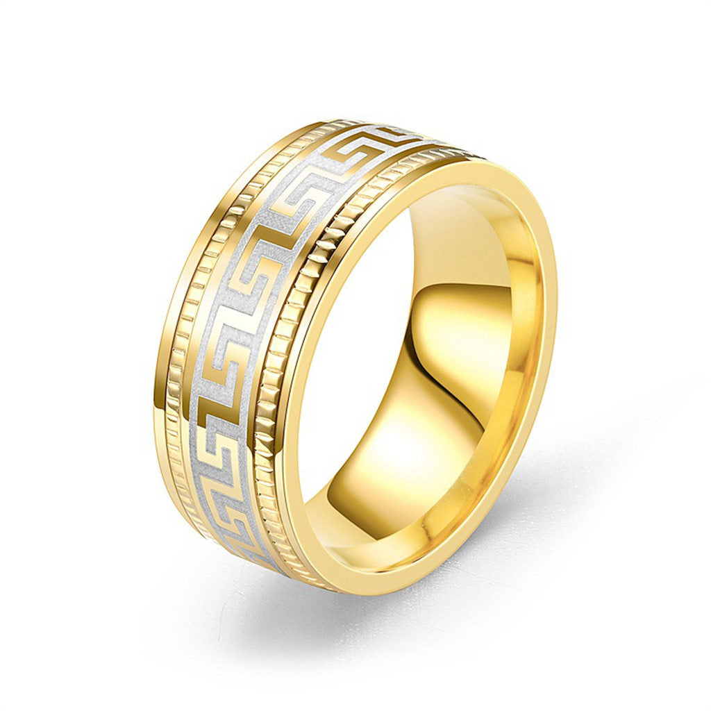 Gold Plated Stainless Steel Greek Key Pattern Band Ring | Glitters