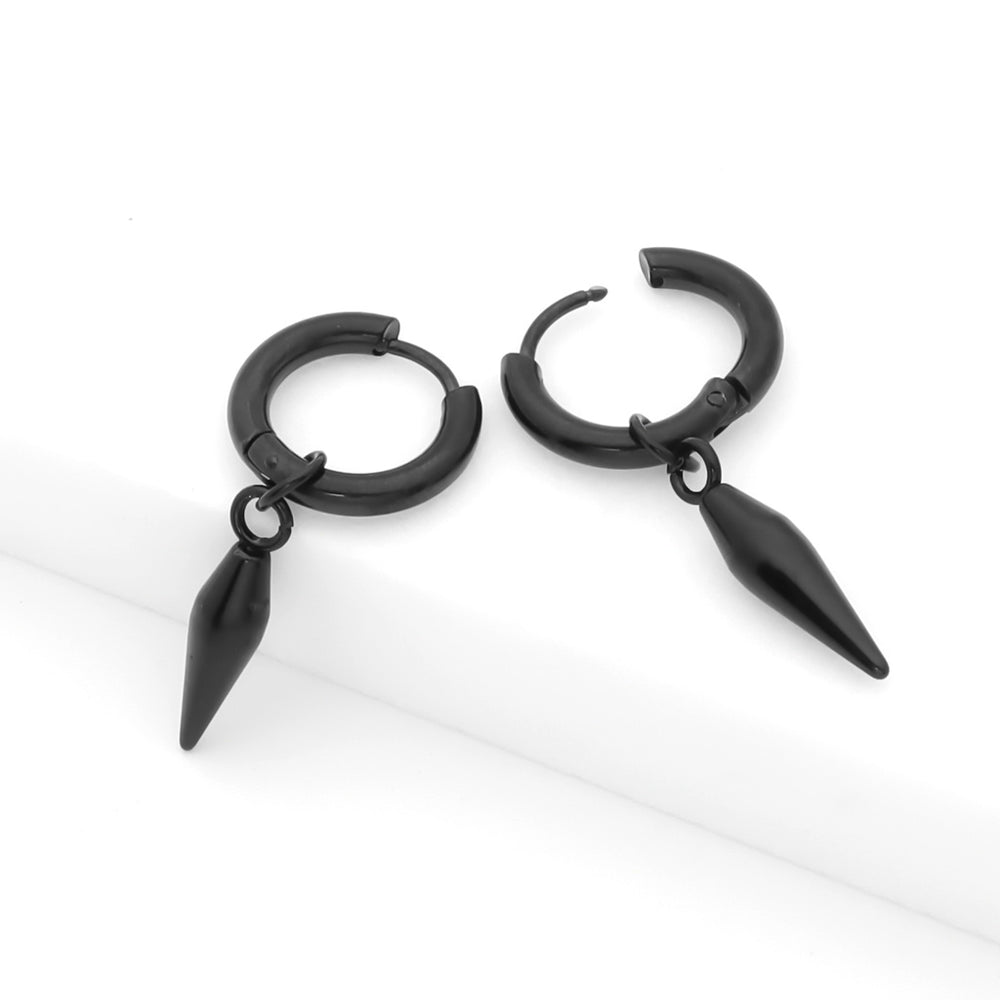 Stainless Steel Drop Spike Cone Huggie Hoop Earrings-Black | Glitters